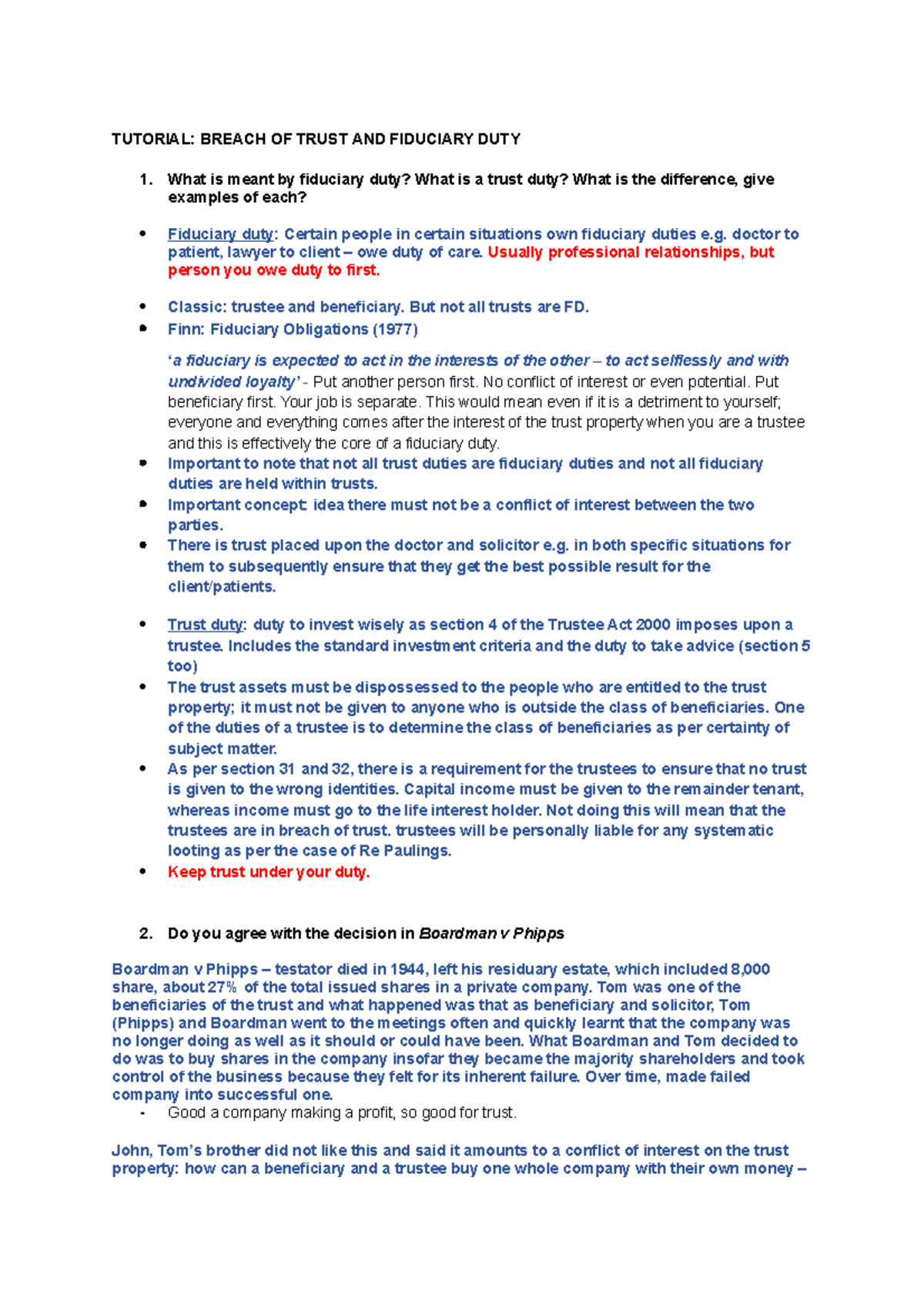 Tutorial 8 Breach OF Trust AND Fiduciary DUTY - TUTORIAL: BREACH OF ...