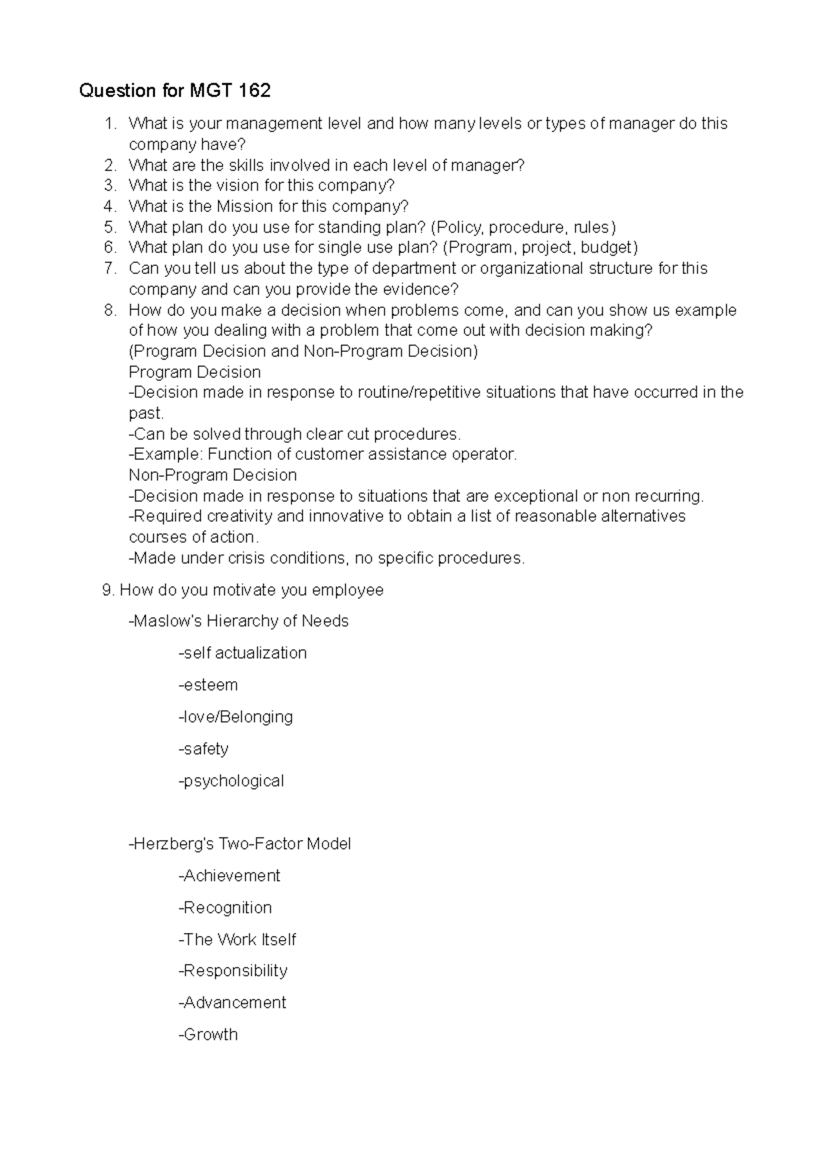 Mgt162 question for interview - Question for MGT 162 What is your ...