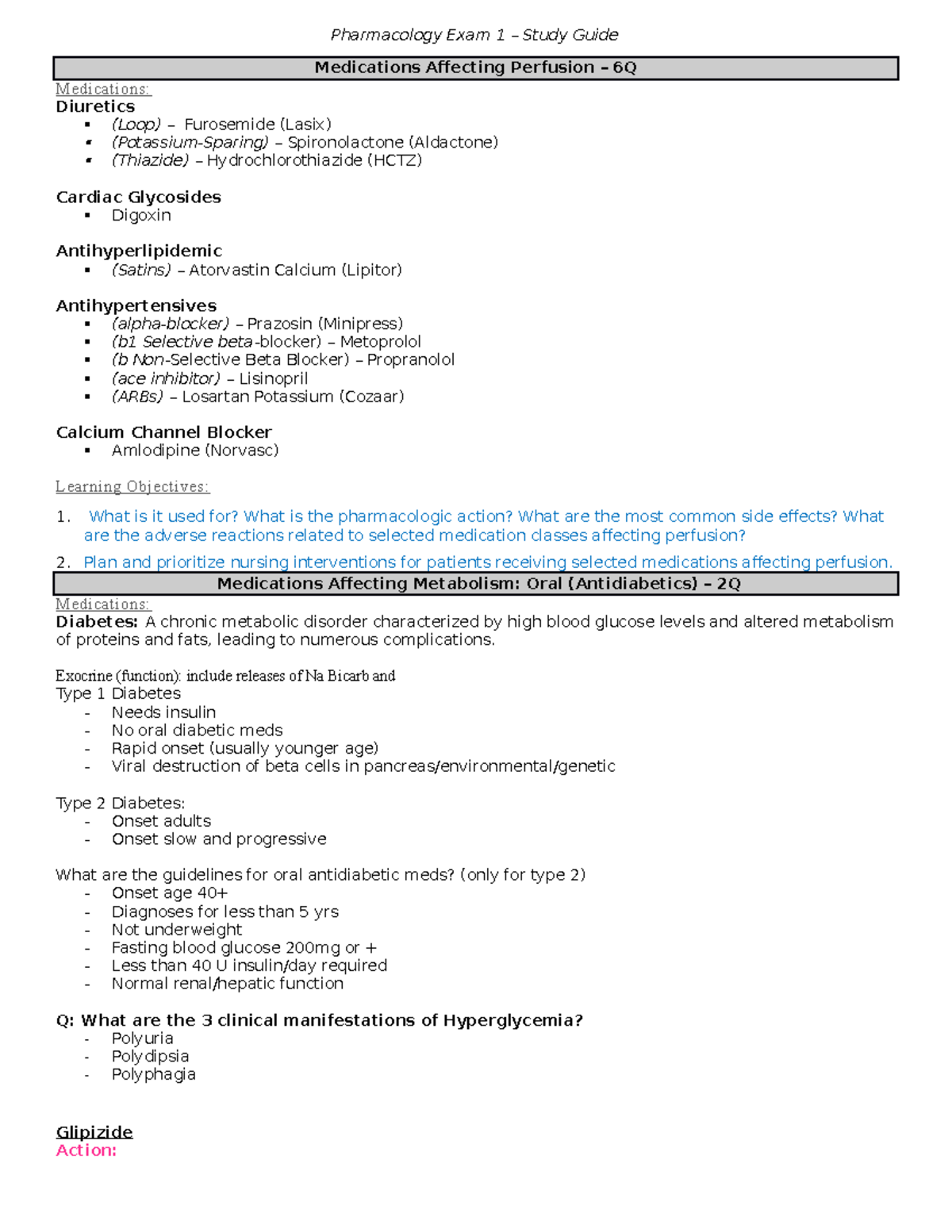 Pharm Exam 1 Study Guide - Pharmacology Exam 1 – Study Guide ...