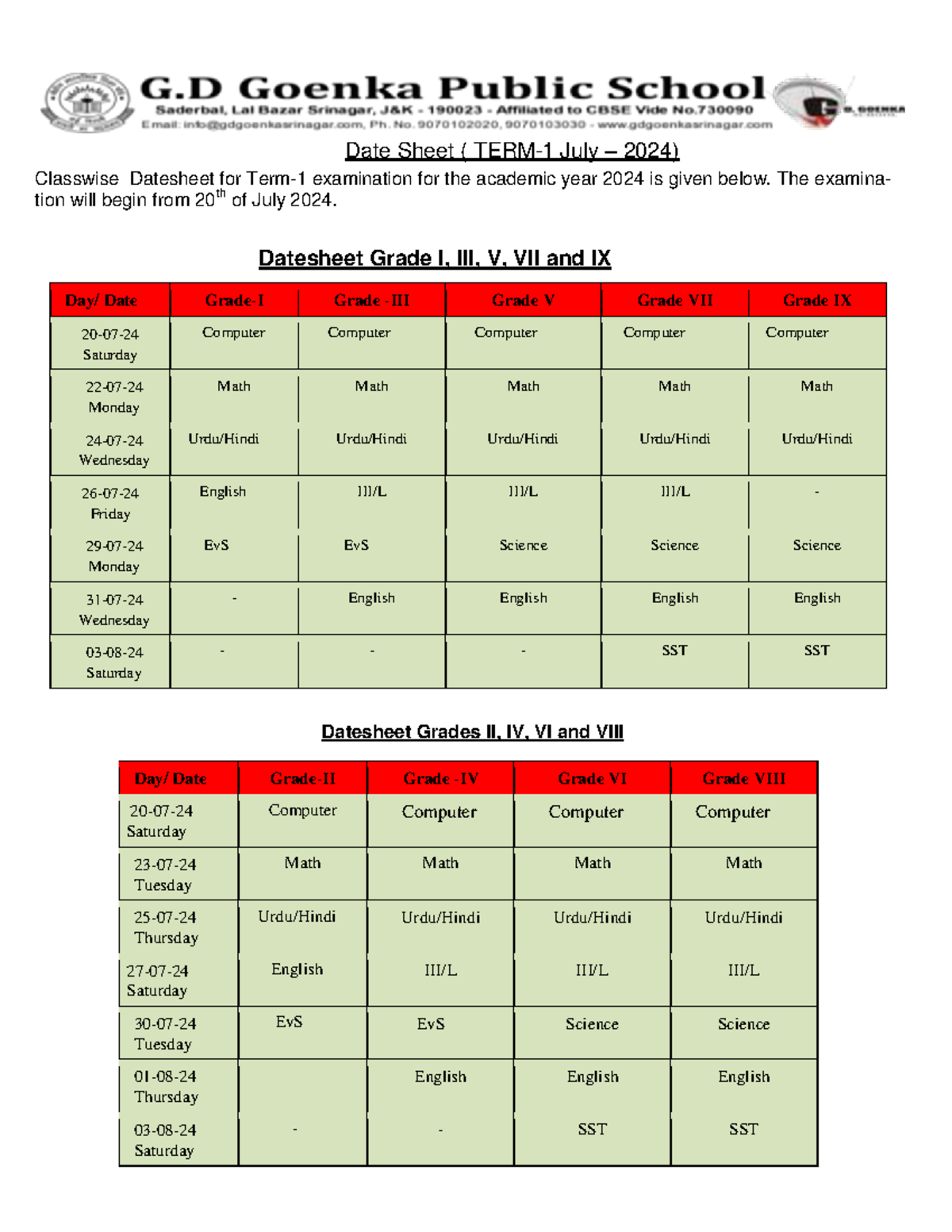 Datesheet for Term 1st Examination 2024 1 - Date Sheet ( TERM- 1 July ...