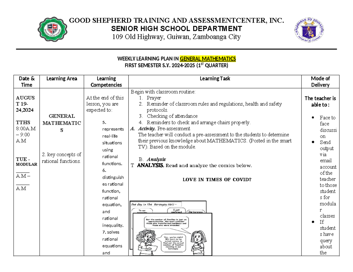 LP- GEN MATH-week 5 - sample docs - GOOD SHEPHERD TRAINING AND ASSESSMENTCENTER, INC. SENIOR ...