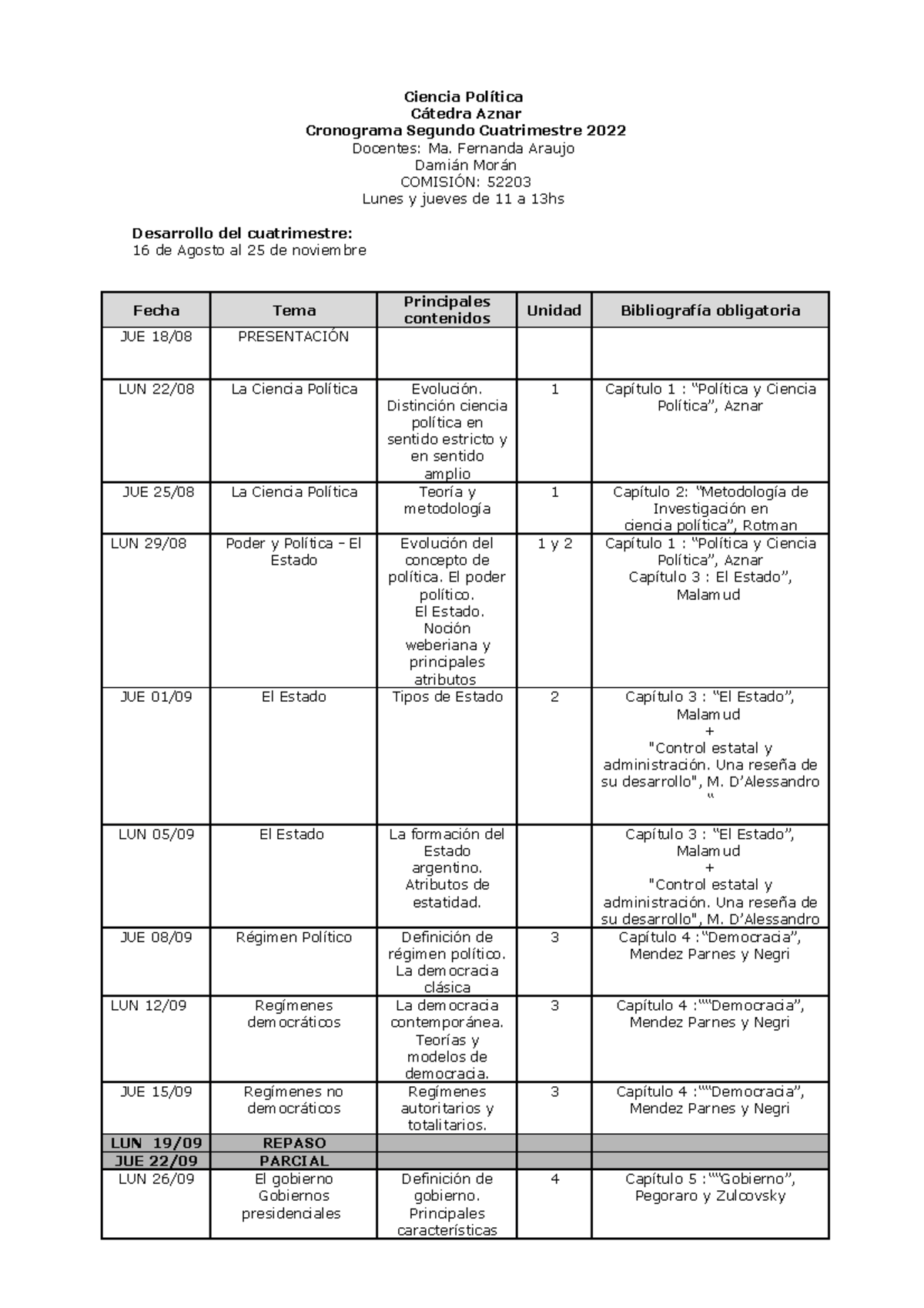 Cronograma 2C 2022 - Com. 52203 - Araujo Moran - Ciencia Política ...