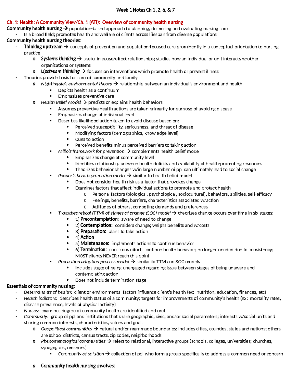 Week 1 Notes - Week 1 Notes Ch 1 ,2, 6, & 7 Ch. 1: Health: A Community ...