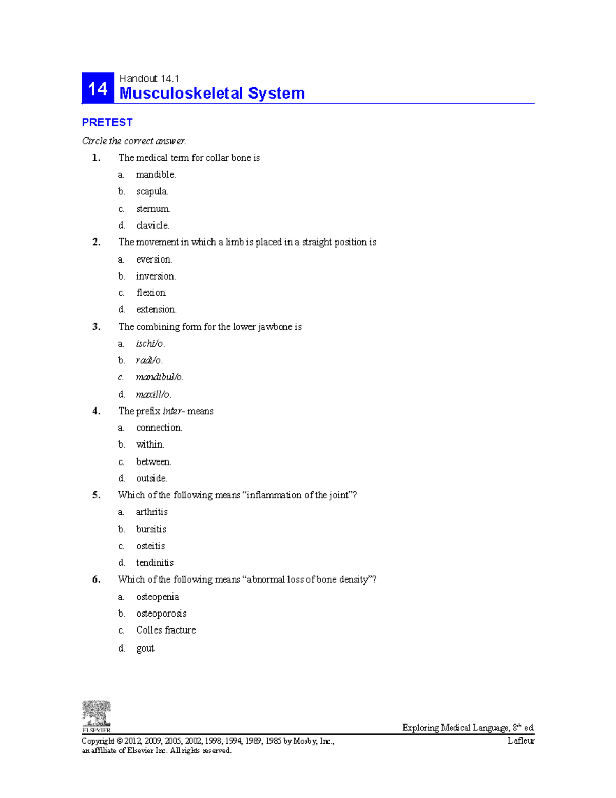 Med Term Ch 14 Test Yourself - 14 Handout 14. Musculoskeletal System ...