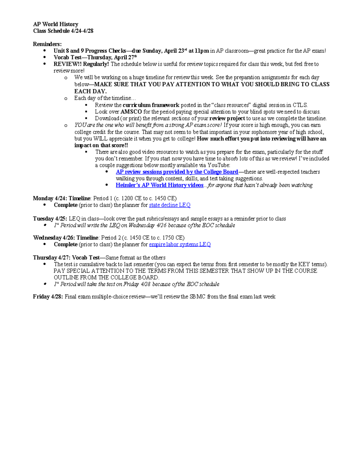 Whap sched apr 24 - Notes - AP World History Class Schedule 4/24-4 ...
