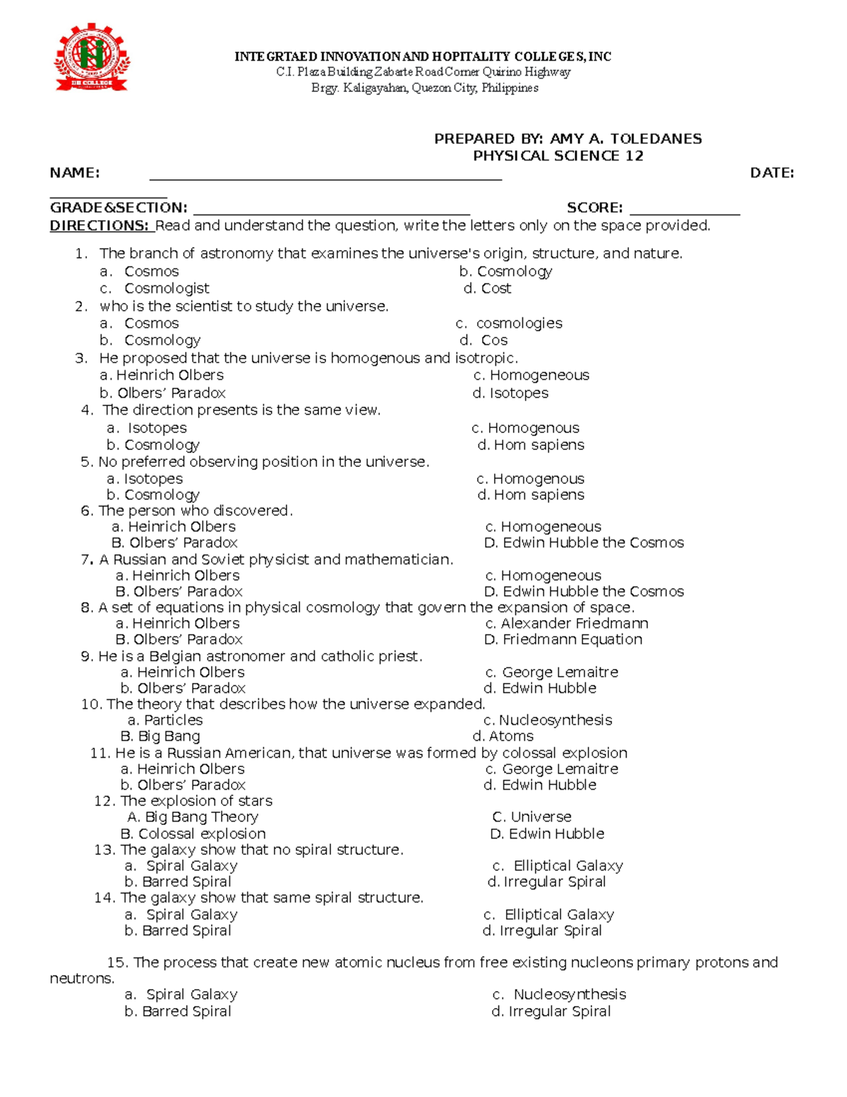Physical science PT - opinion - C. Plaza Building Zabarte Road Corner ...