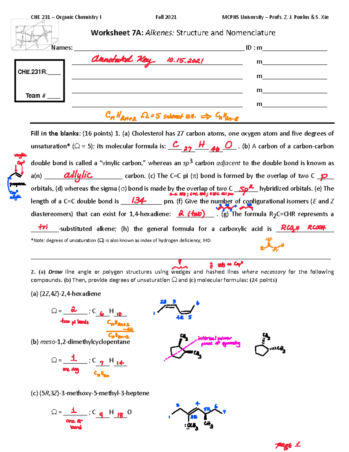 Worksheet 7AB- Alkenes- Structure and Nomenclature - Annotated Key 10 ...
