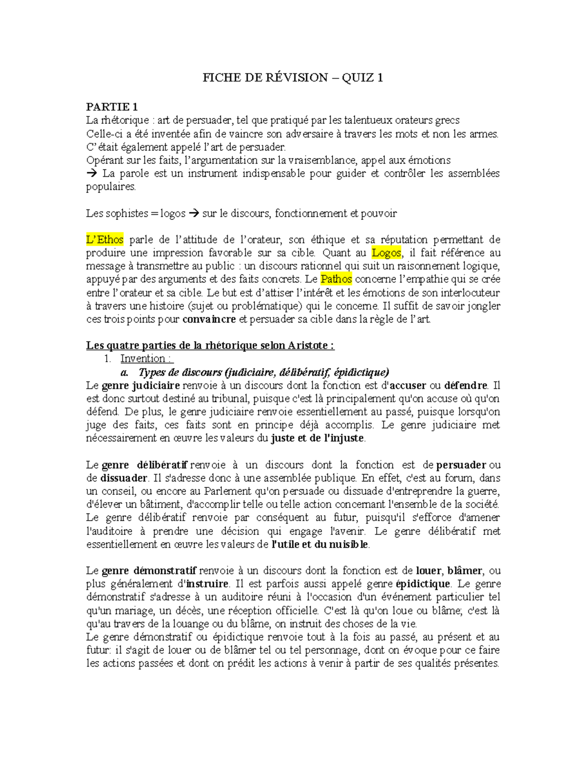 Révision - quiz 1 - Résumé Pratique des discours: Art Oratoire - FICHE ...