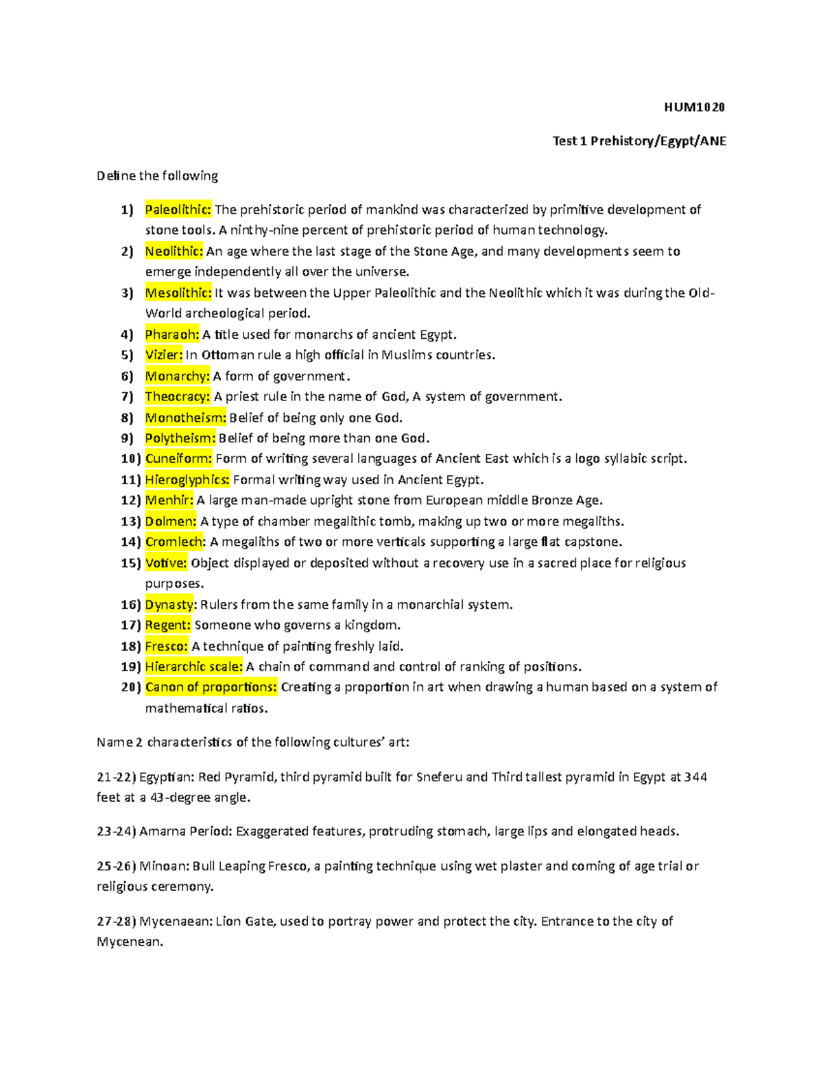 Test 1 Prehist humanities - HUM Test 1 Prehistory/Egypt/ANE Define the ...