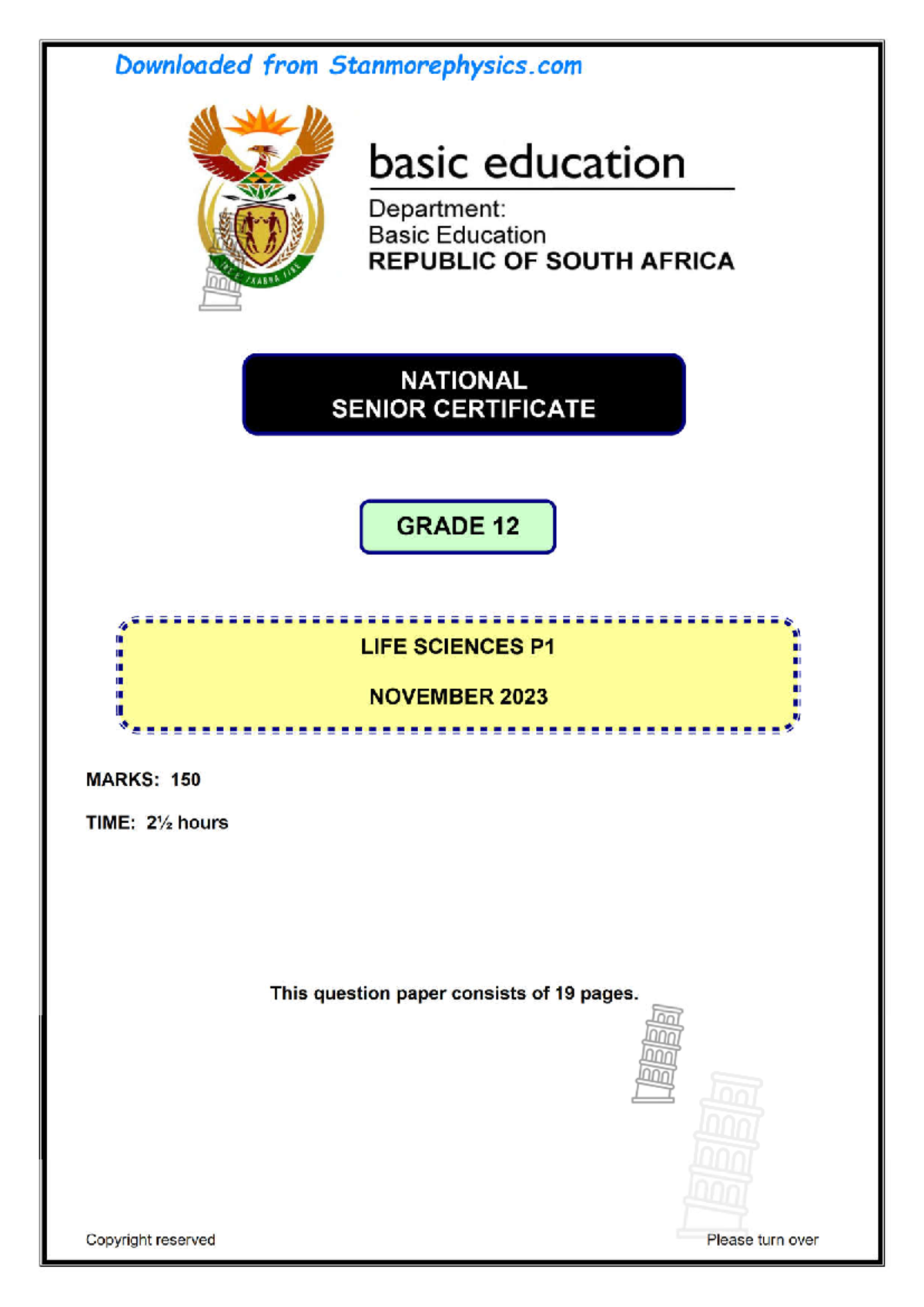 NSC Life Sciences Grade 12 Nov 2023 P1 only - MARKS: 150 TIME: 2½ hours ...