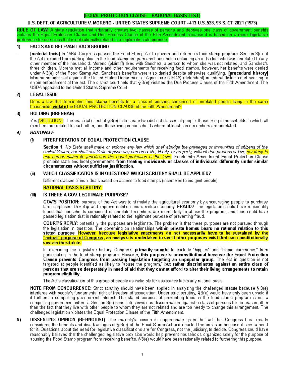 Case brief DEPT Agric v. Moreno - [EQUAL PROTECTION CLAUSE – RATIONAL ...