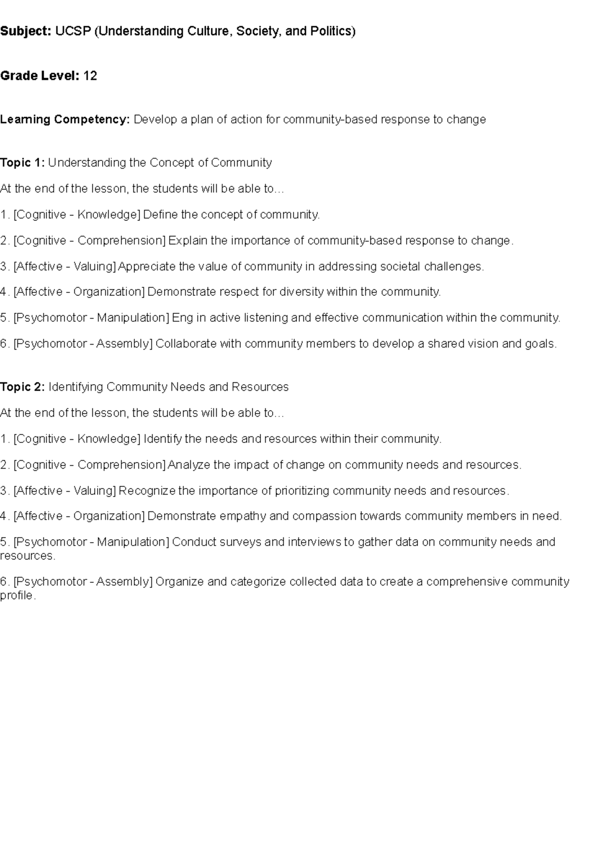 Learning competency (11) - Subject: UCSP (Understanding Culture ...