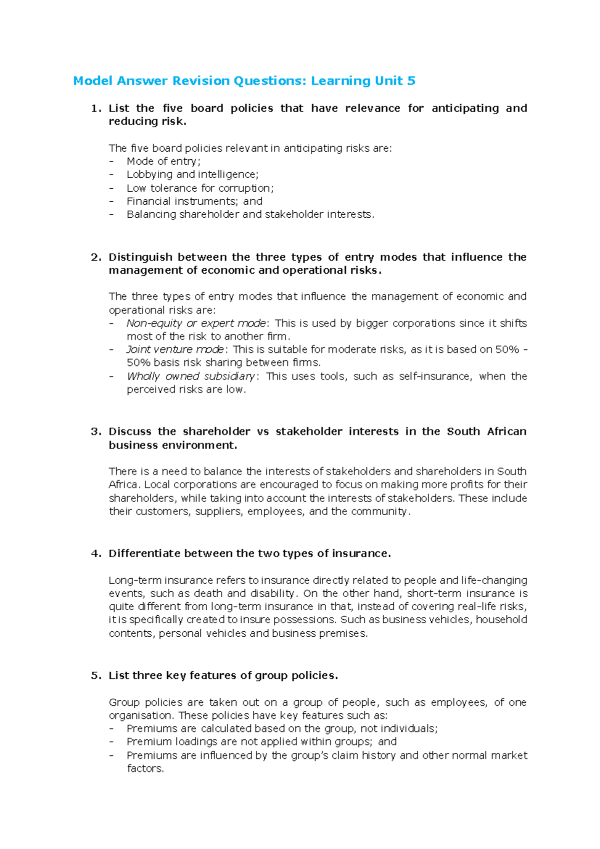 CRMA7312 SB5 Proposed Solutions - Model Answer Revision Questions ...