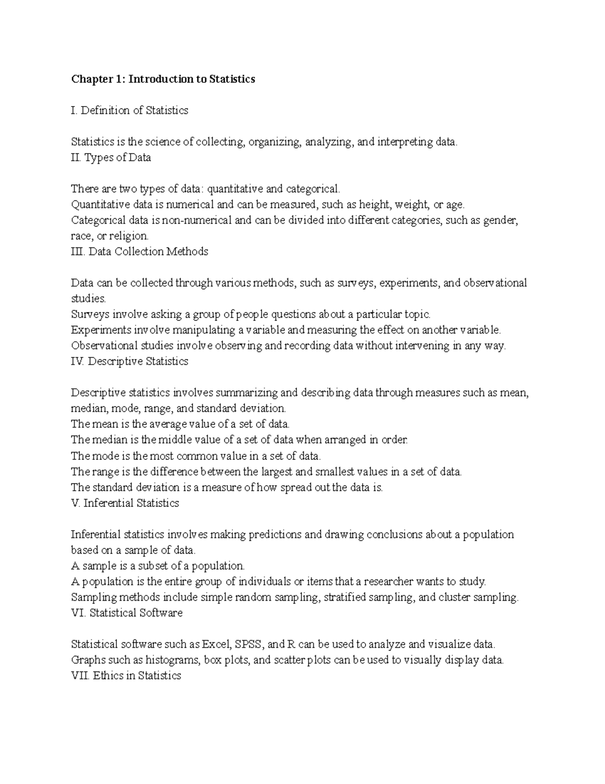 STAT 100 Chapter 1 - Chapter 1: Introduction to Statistics I. Definition of Statistics ...