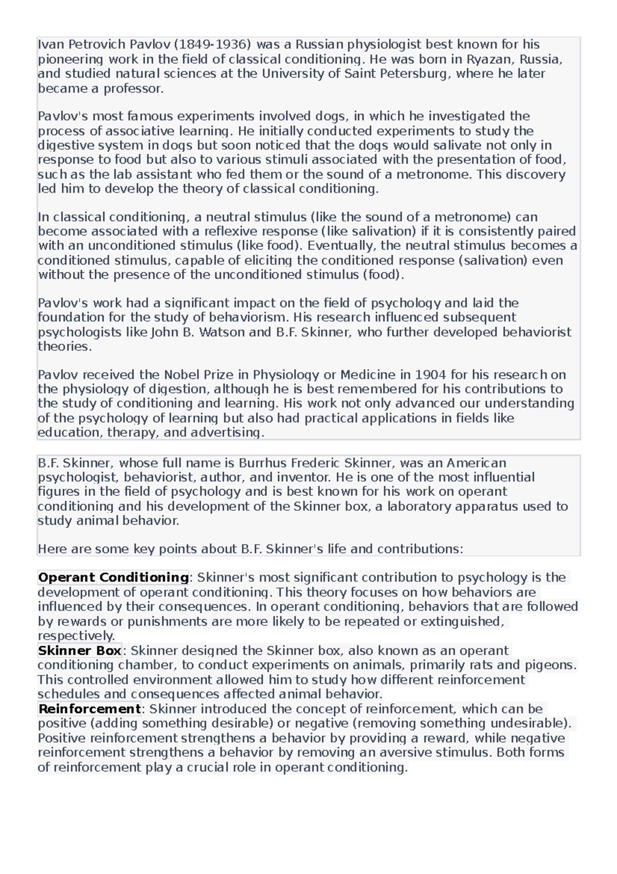 Pavlov & Skinner - Psychologist - Ivan Petrovich Pavlov (1849-1936) was ...