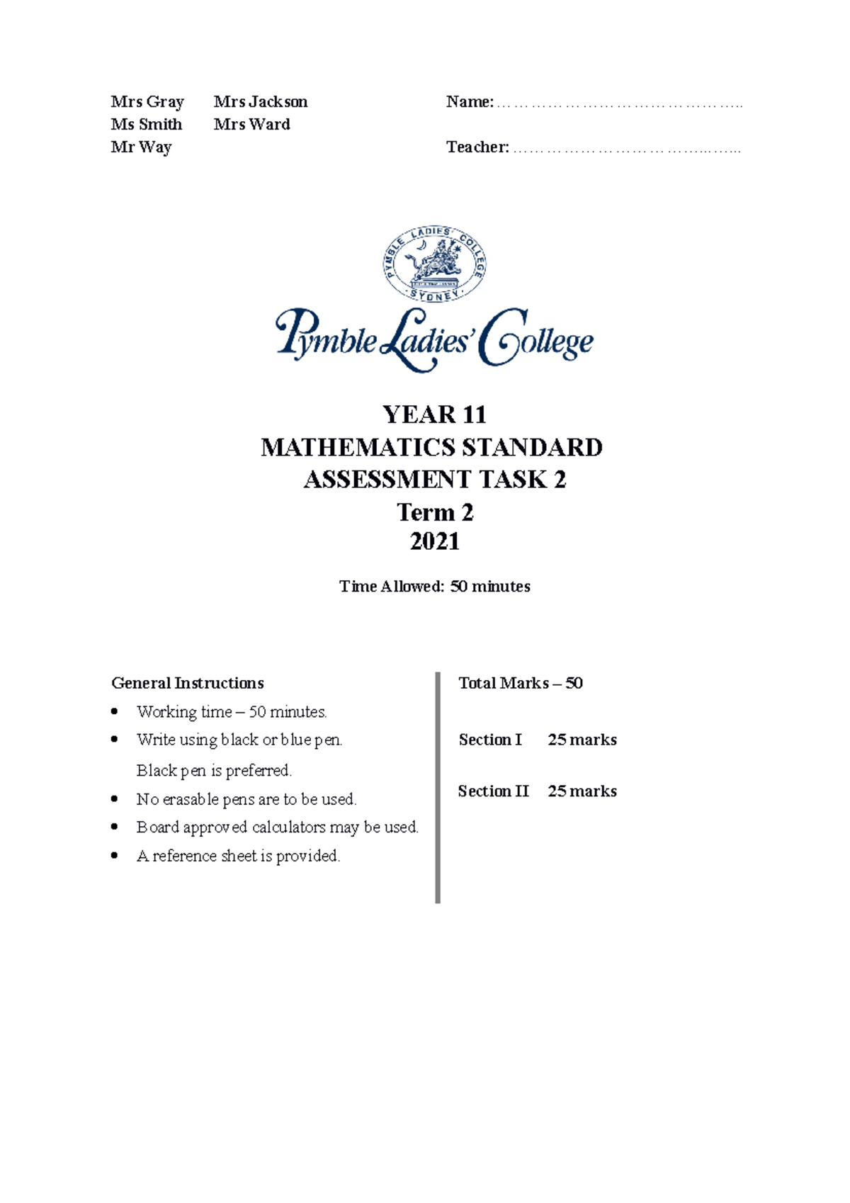 YR 11 Maths Std Assessment 2021 Practice - Mrs Gray Mrs Jackson Ms ...
