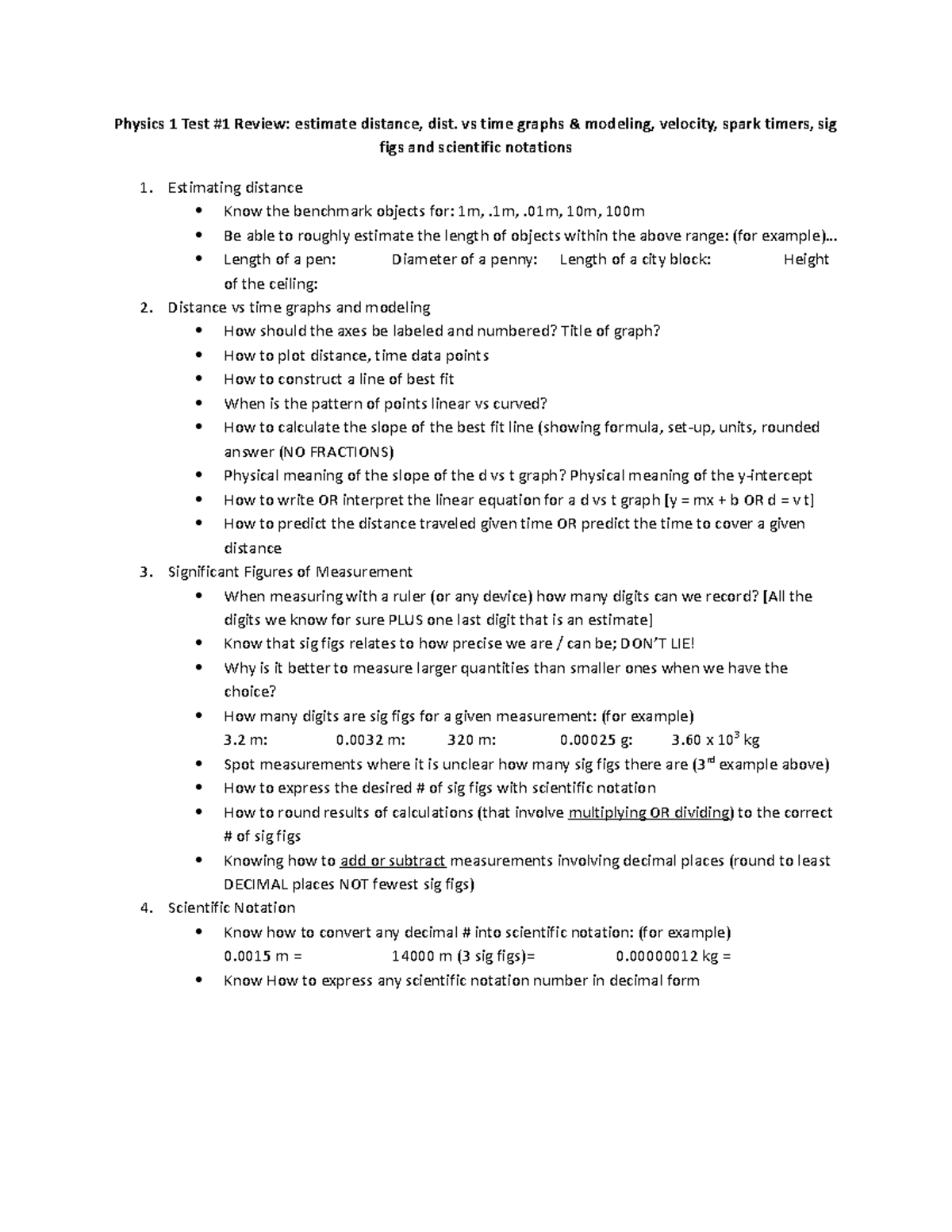 Physics 1 test 1 test study guide-sig figs, estimate dist, velocity ...