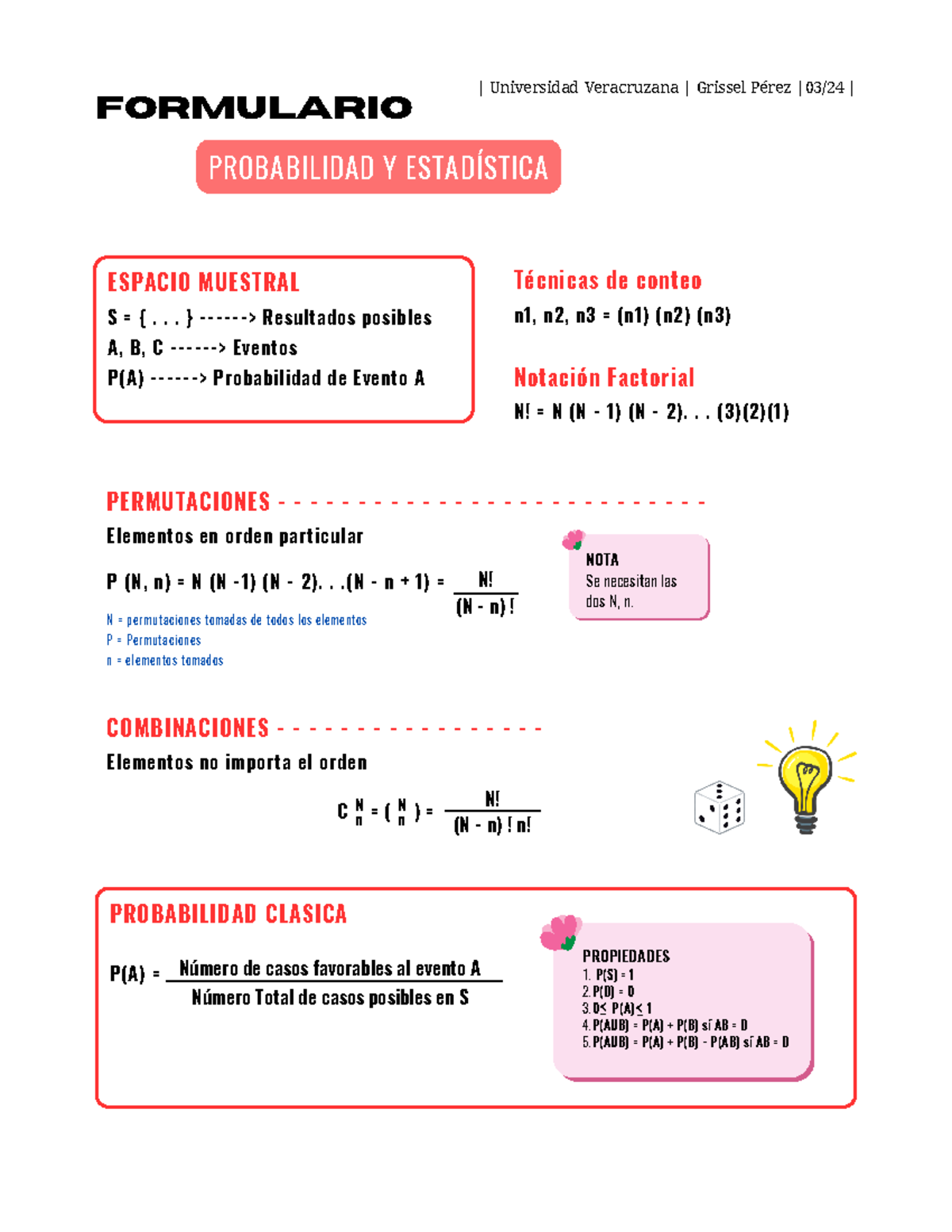 Formulario de Probabilidad - ESPACIO MUESTRAL S = {... } -> Resultados ...