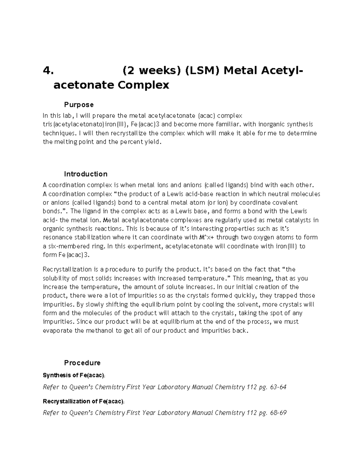 CHEM112 Lab #3 - Metal Acetyl-acetonate Complex - 4. (2 weeks) (LSM ...
