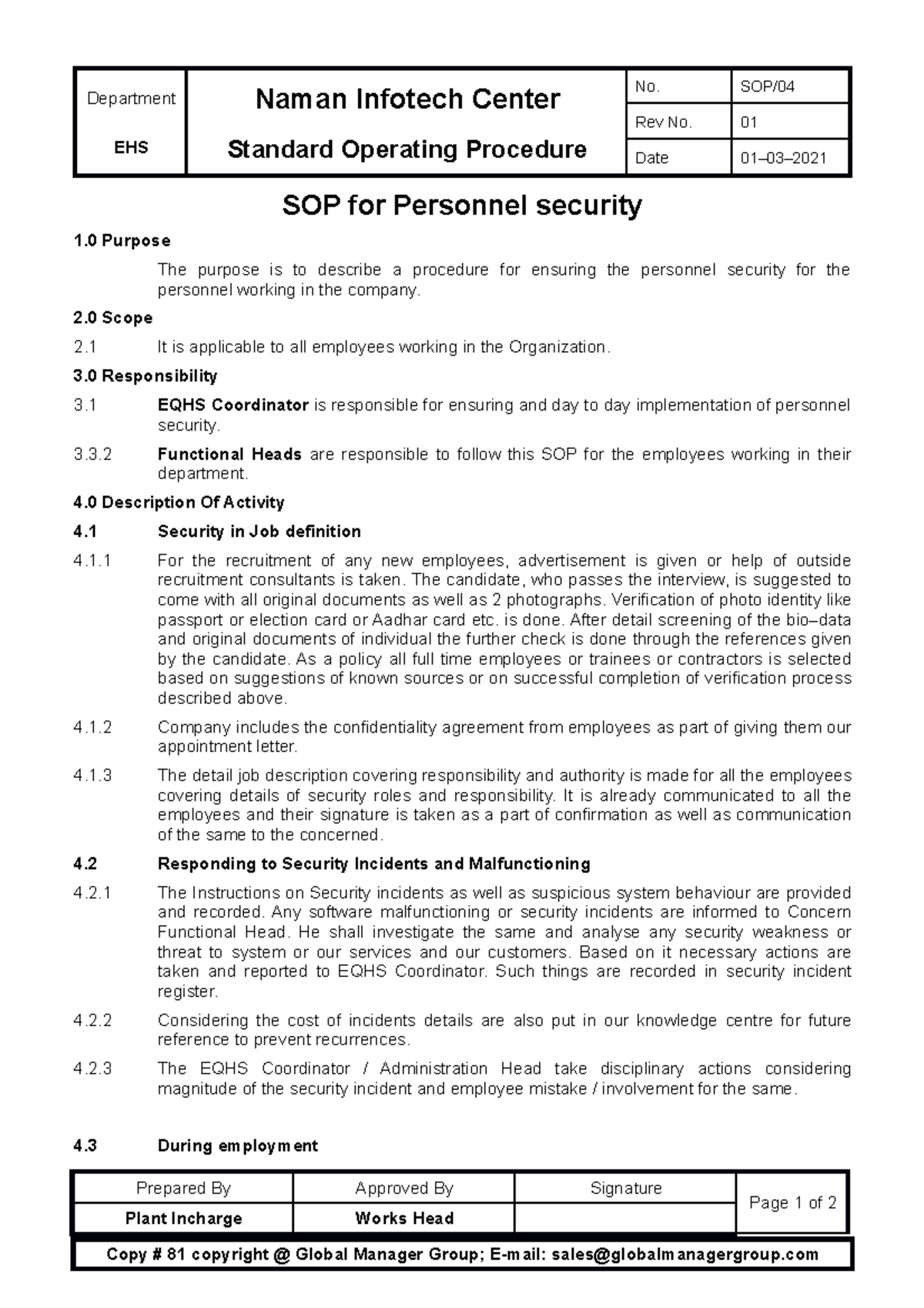 SOP 04 - Department EHS Naman Infotech Center Standard Operating ...