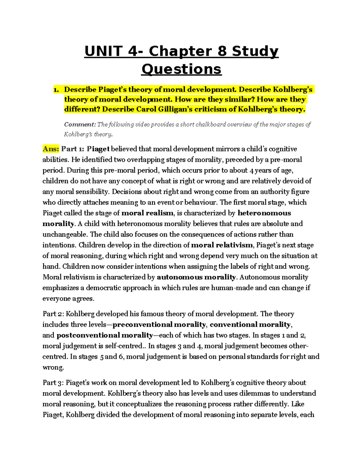 UNIT 4 Chapter 8 Study Questions - UNIT 4- Chapter 8 Study Questions 1 ...