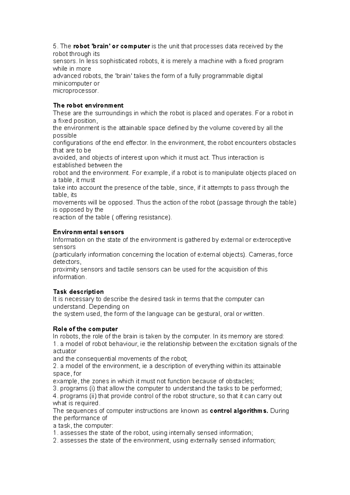Robot 5 Lecture Notes The Robot Brain Or Computer Is The Unit That Processes Data Received