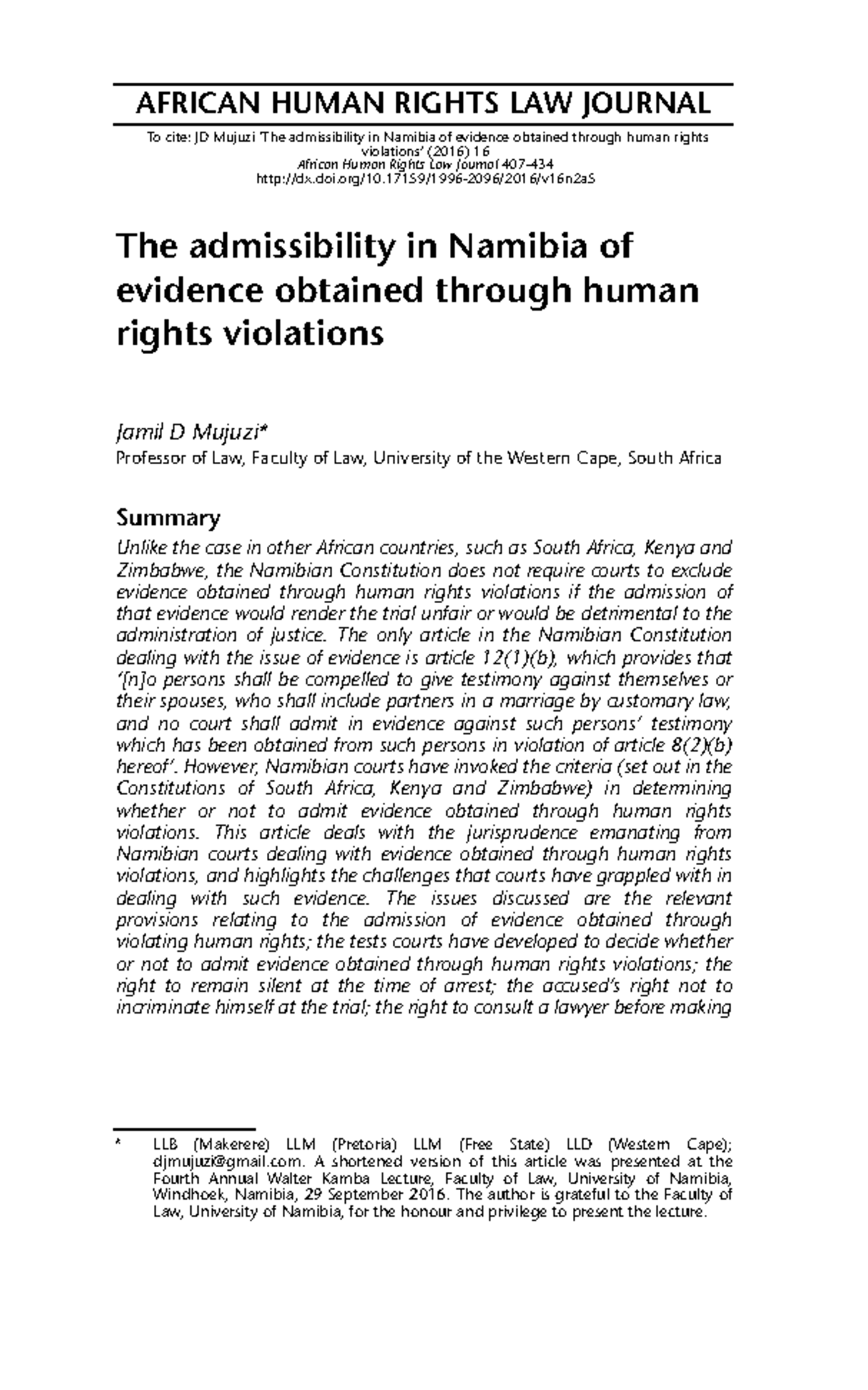 Unconstitutionally obtained evidence - The admissibility in Namibia of ...