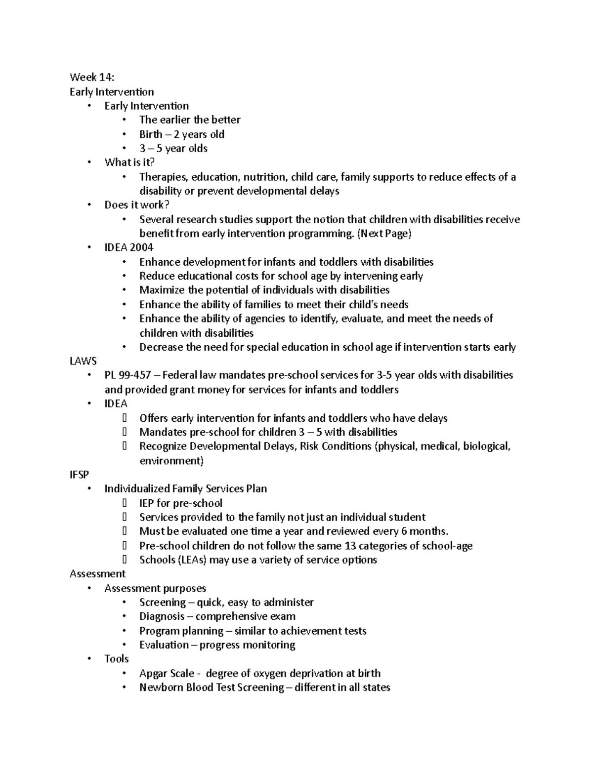Week 14 slides notes - Week 14: Early Intervention - Early Intervention ...