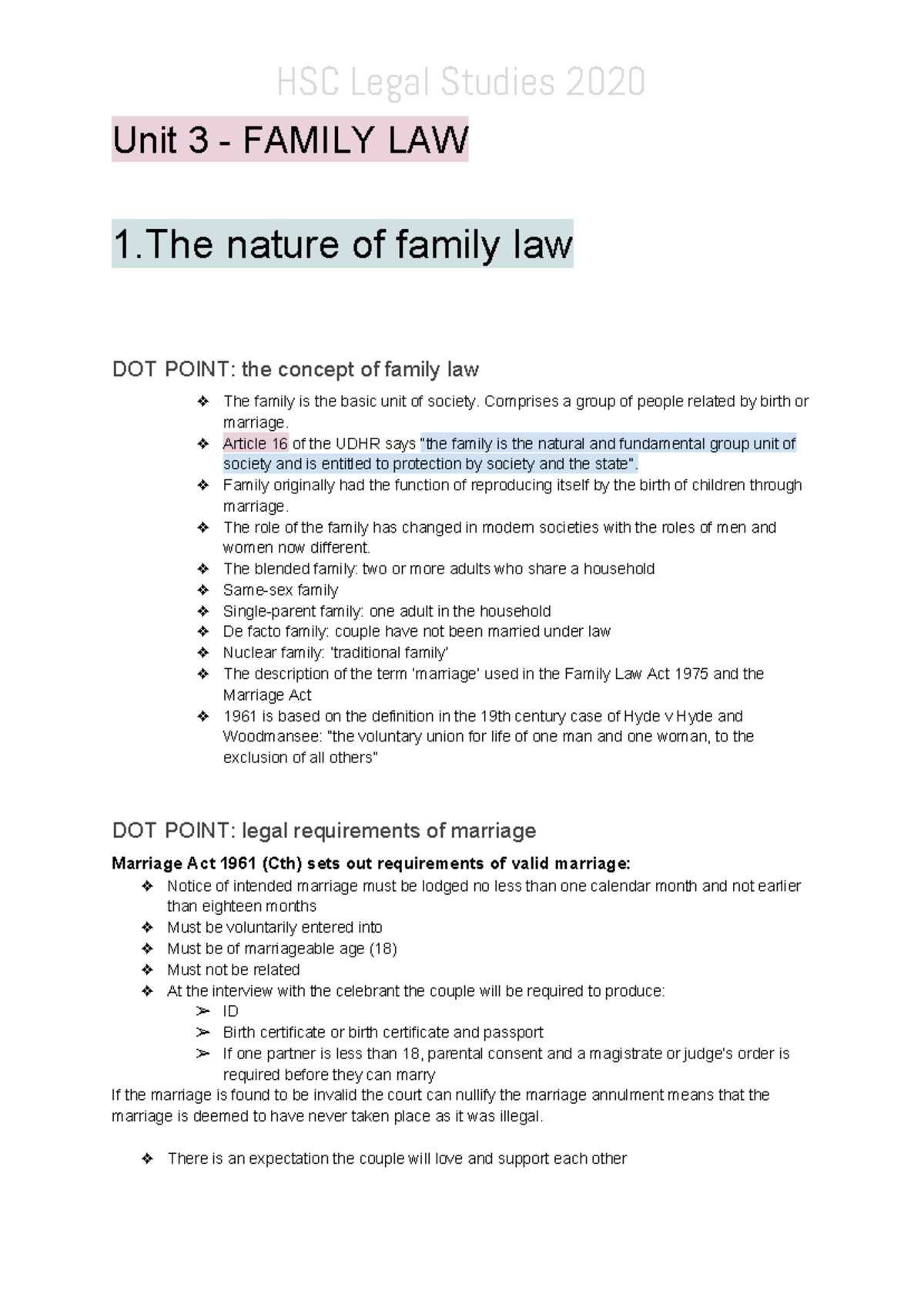 Complete Family LAW - Law notes - Unit 3 - FAMILY LAW 1 nature of ...