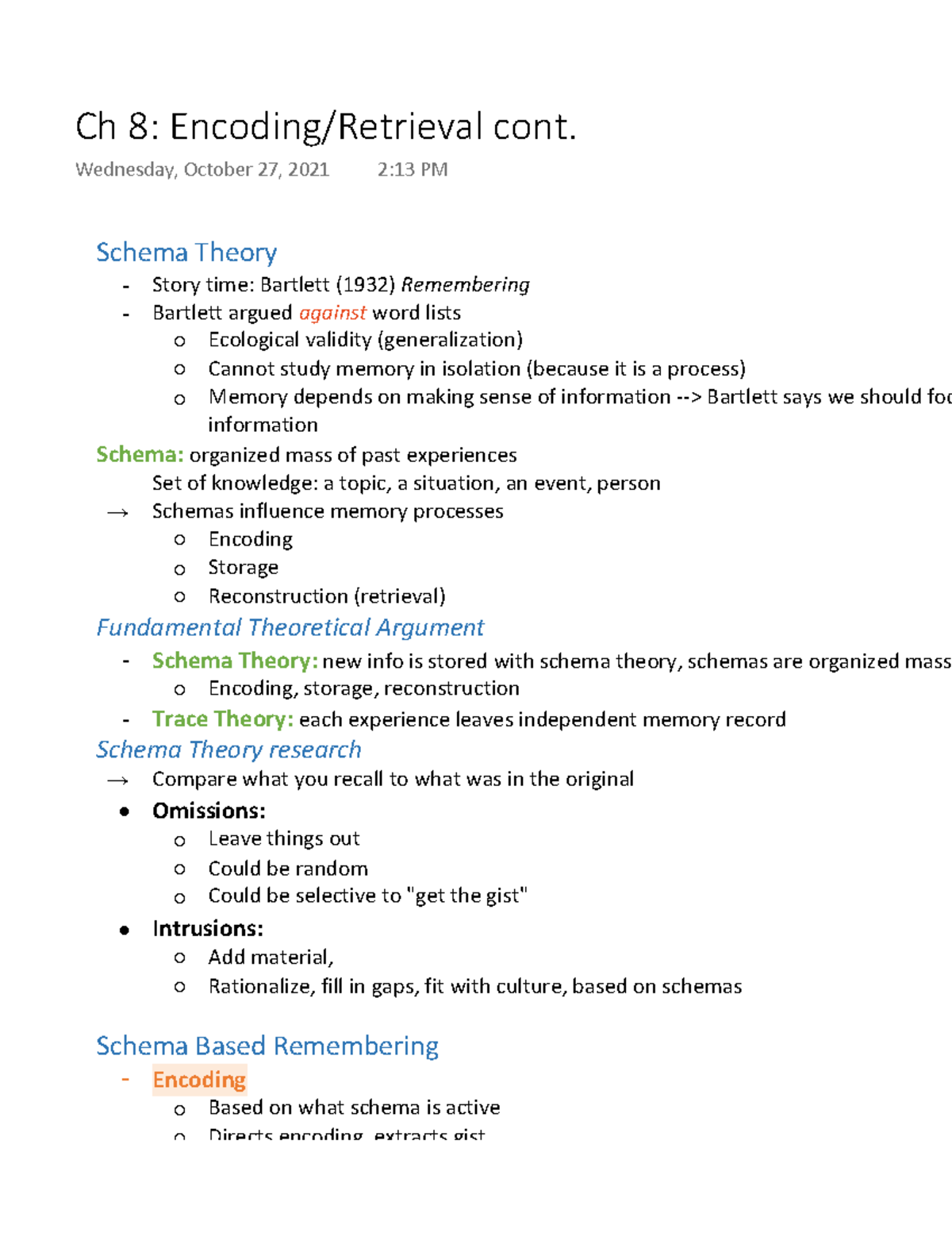 Ch 8 Encoding Retrieval cont. - Schema Theory Story time: Bartlett ...
