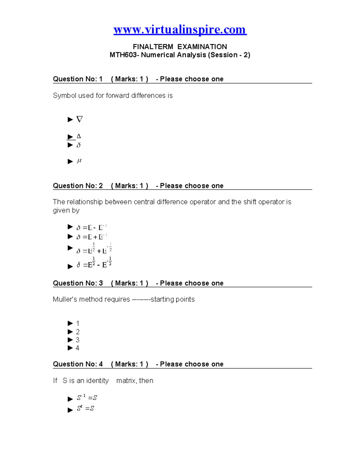 MTH603 finalterm paper 1 - FINALTERM EXAMINATION MTH603- Numerical ...