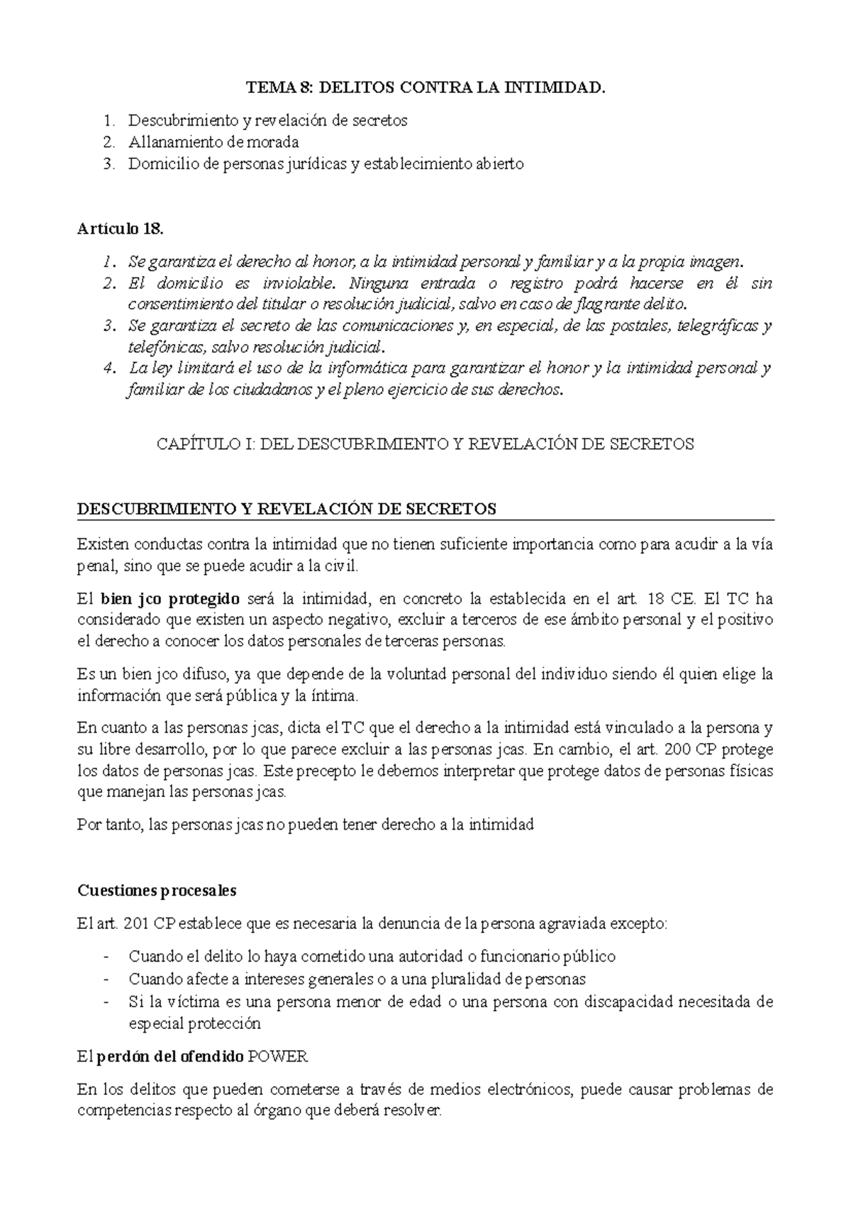 TEMA 8 - Tema 8 - TEMA 8: DELITOS CONTRA LA INTIMIDAD. Descubrimiento y revelación de secretos ...