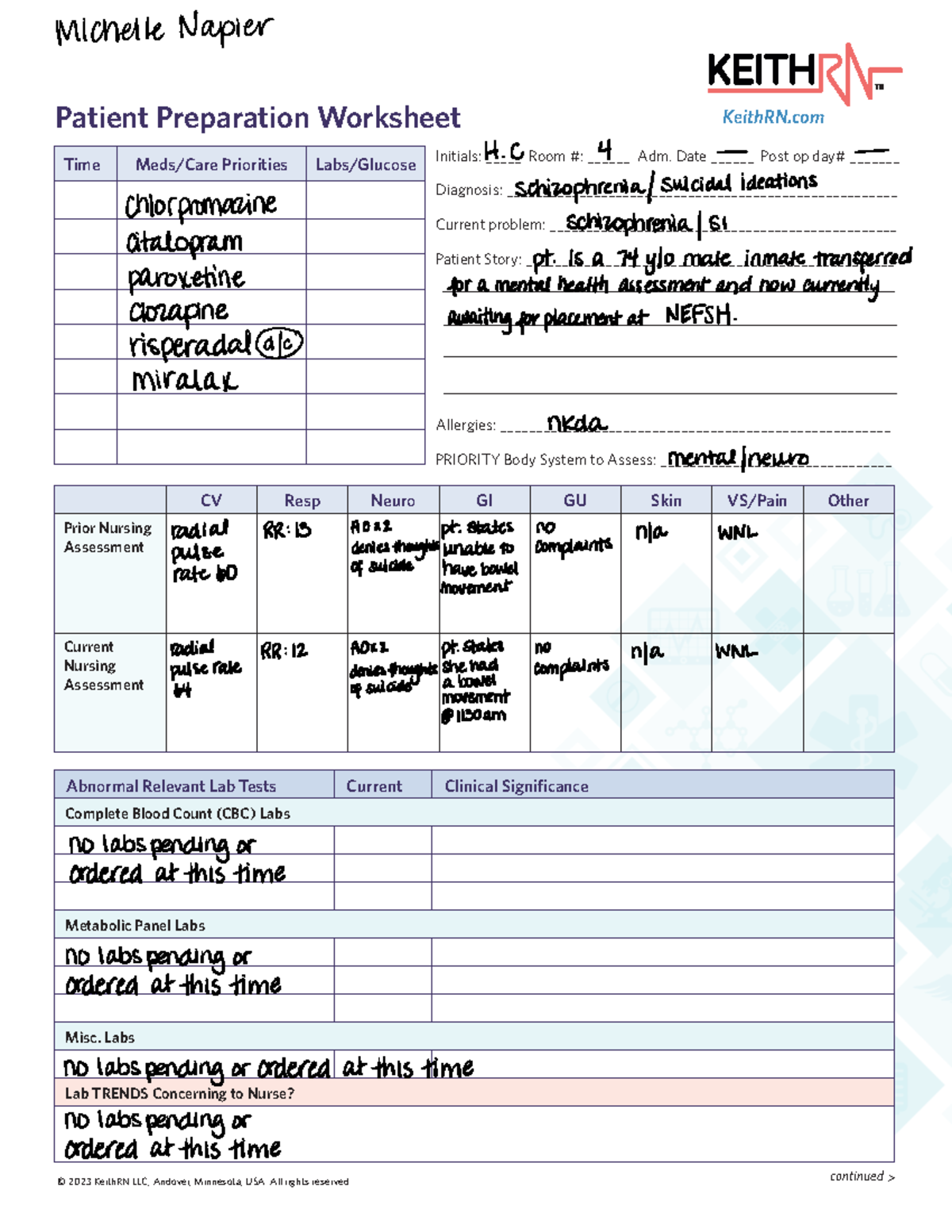 C7 Sim Chart Week 1 - KeithRN Patient Preparation Worksheet continued ...