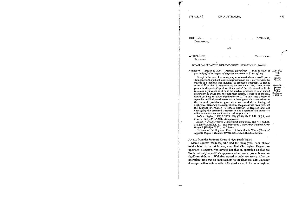 Rogers v whitaker case law - Laws1012 - Studocu