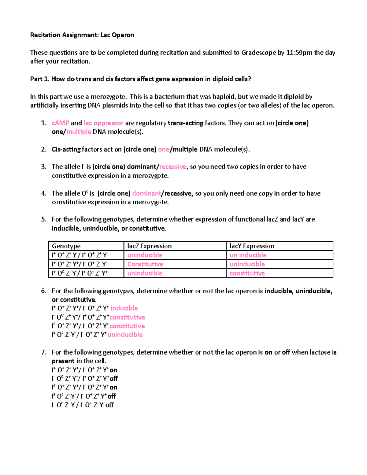 Recitation 6 POST Assignment Lac Operon - Recitation Assignment: Lac Operon These questions are ...