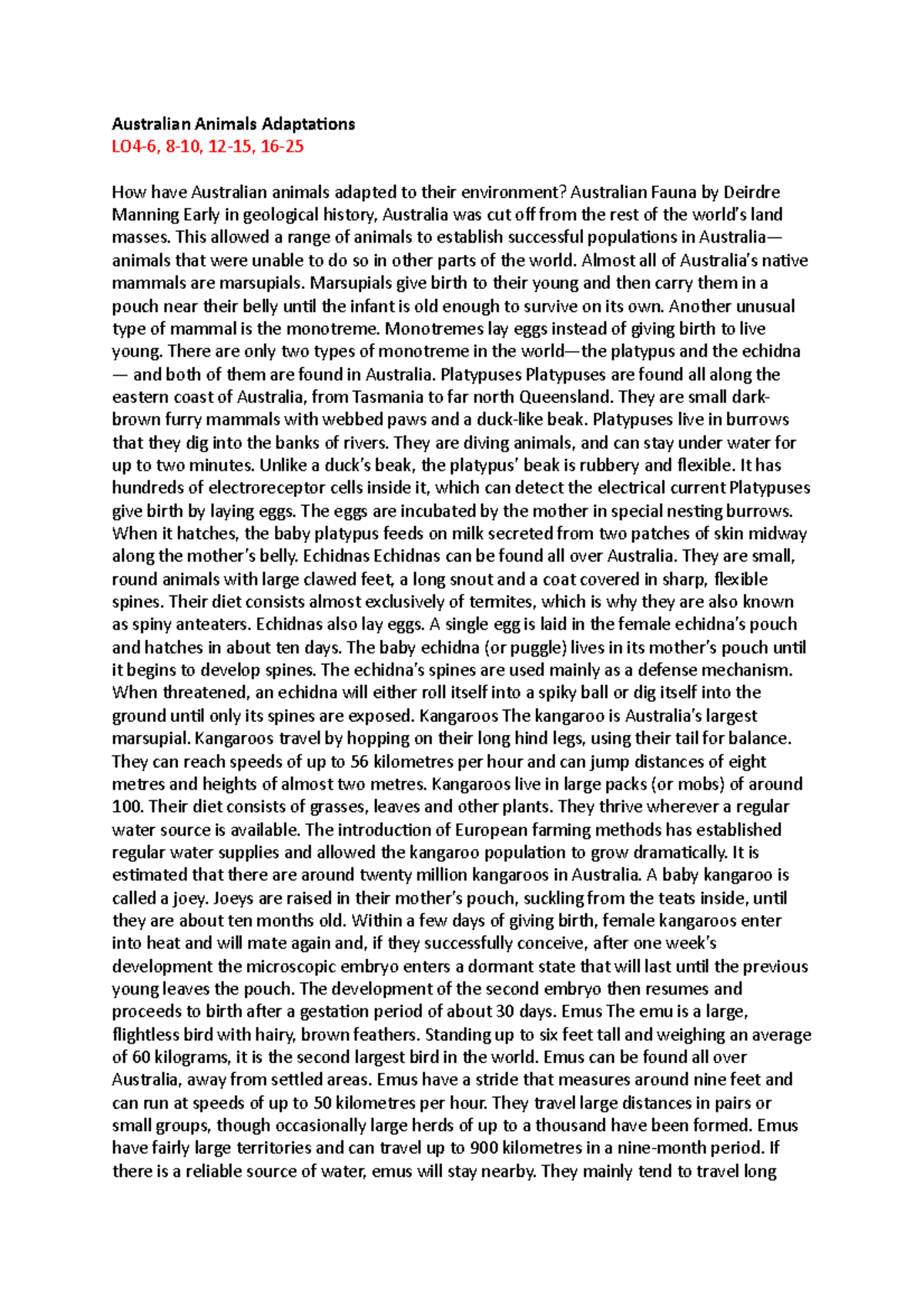 Australian Animals Adaptations - Australian Animals Adaptations LO4-6 ...