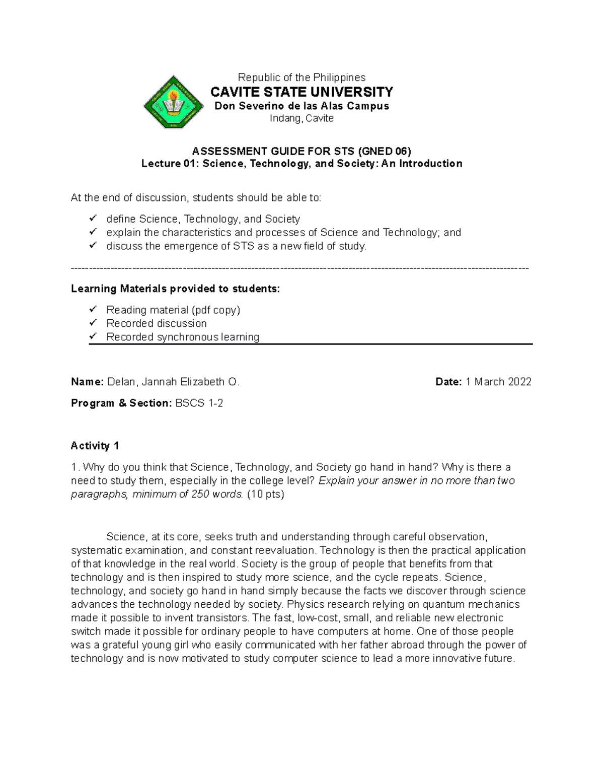 STS Activity 1 SCIENCE TECHNOLOGY SOCIETY INTRODUCTION - Republic of ...