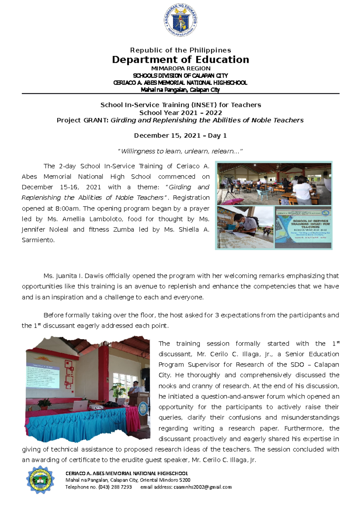 Inset d1 - Narrative. Summary - Republic of the Philippines Department ...