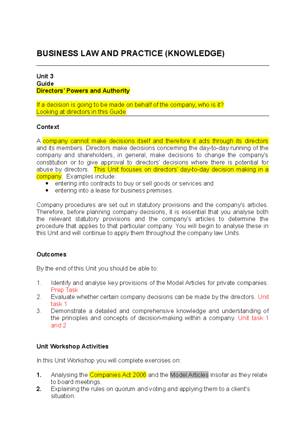 WS 3 guide - lecture notes - BUSINESS LAW AND PRACTICE (KNOWLEDGE) Unit ...