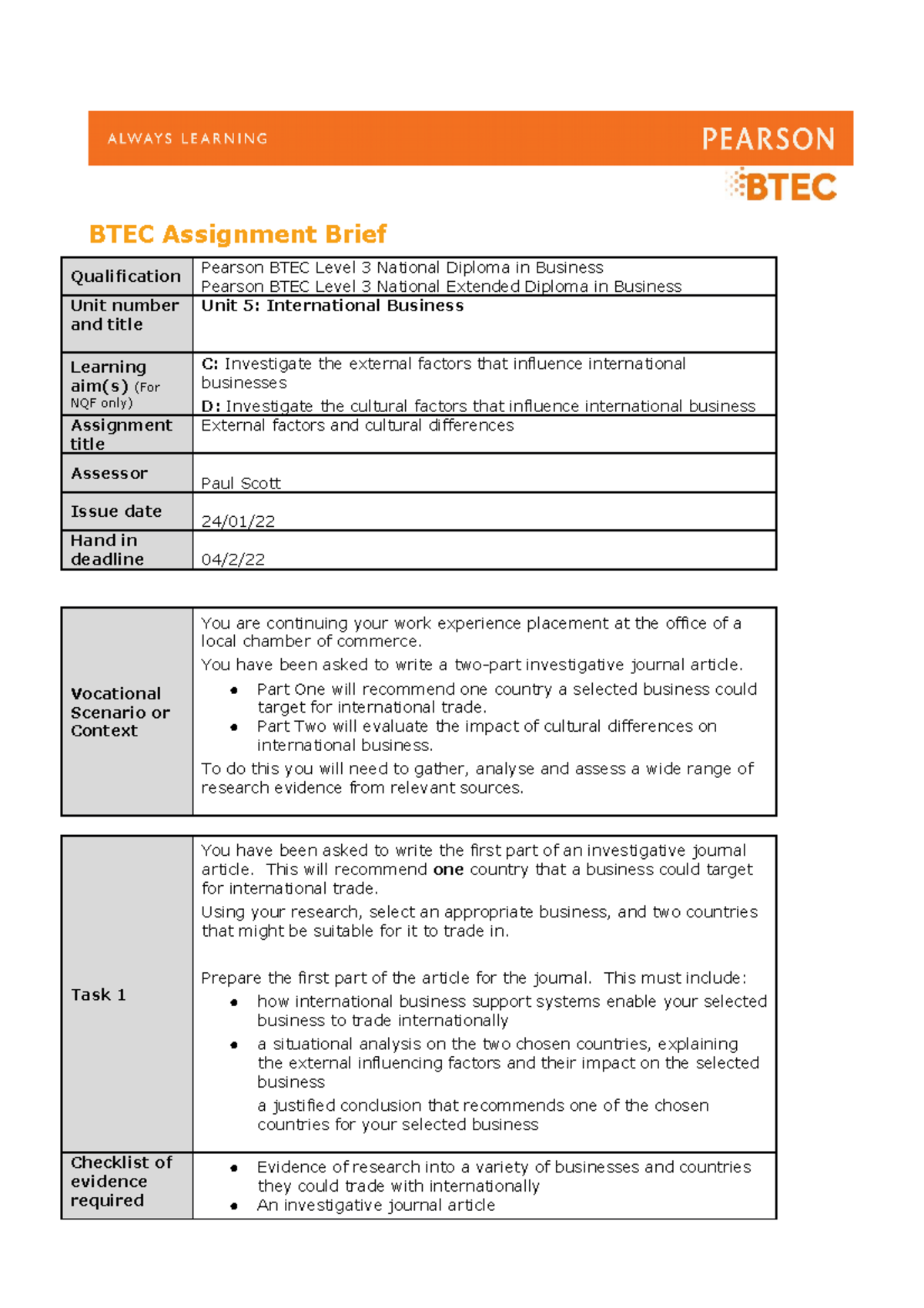 Assignment Brief 2 U5 External factors and cultural differences - BTEC ...