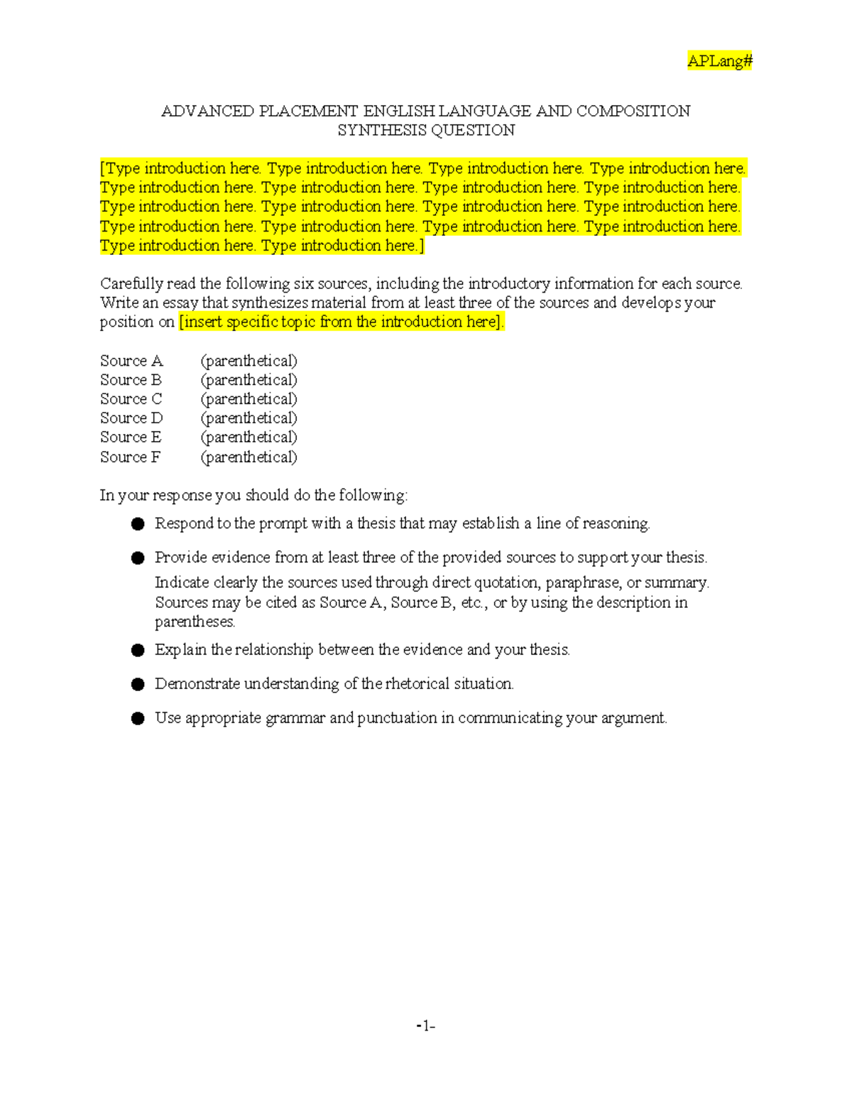 Synthesis Cover Page - APLang# ADVANCED PLACEMENT ENGLISH LANGUAGE AND ...
