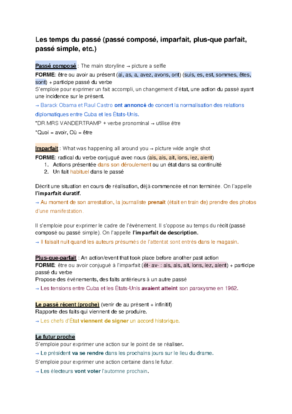Exam notes - Les temps du passé (passé composé, imparfait, plus-que ...