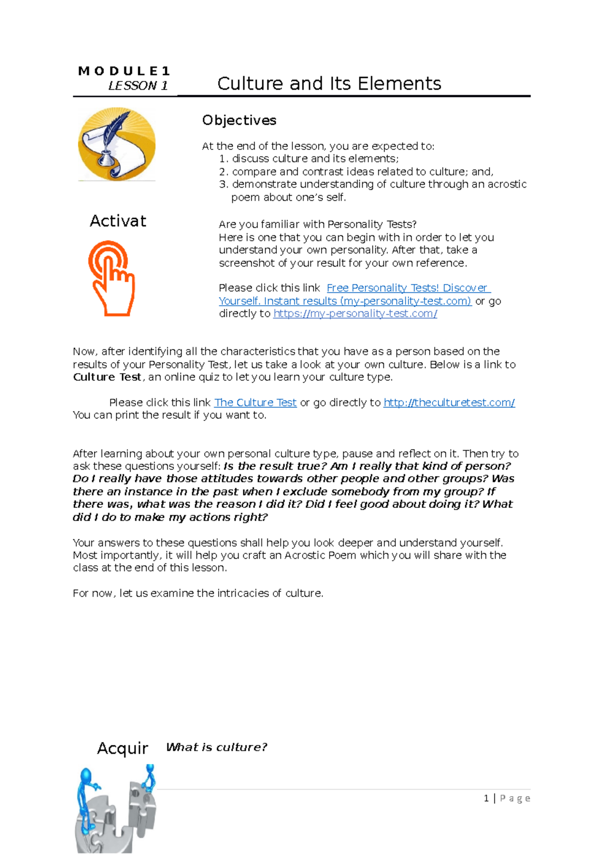 Module 1 Lesson 1 - Culture and Its Elements Objectives At the end of ...