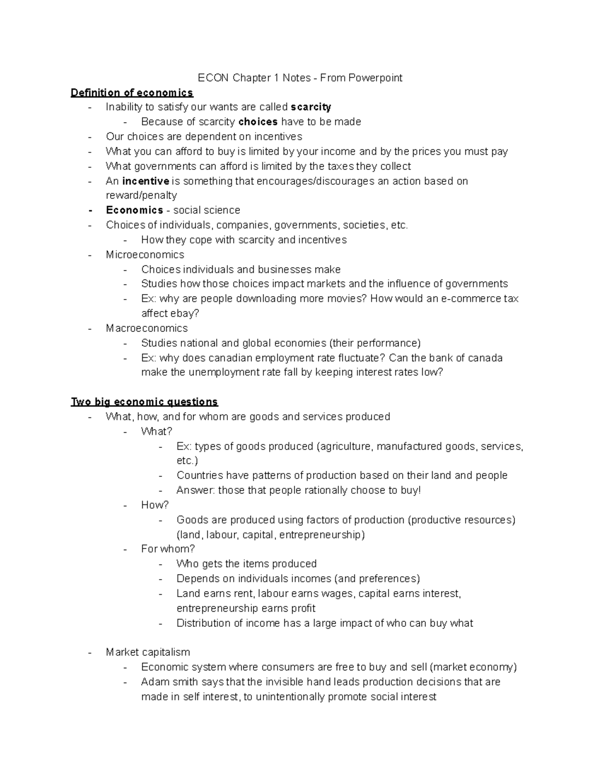 ECON Ch. 1 Notes - ECON Chapter 1 Notes - From Powerpoint Definition of ...