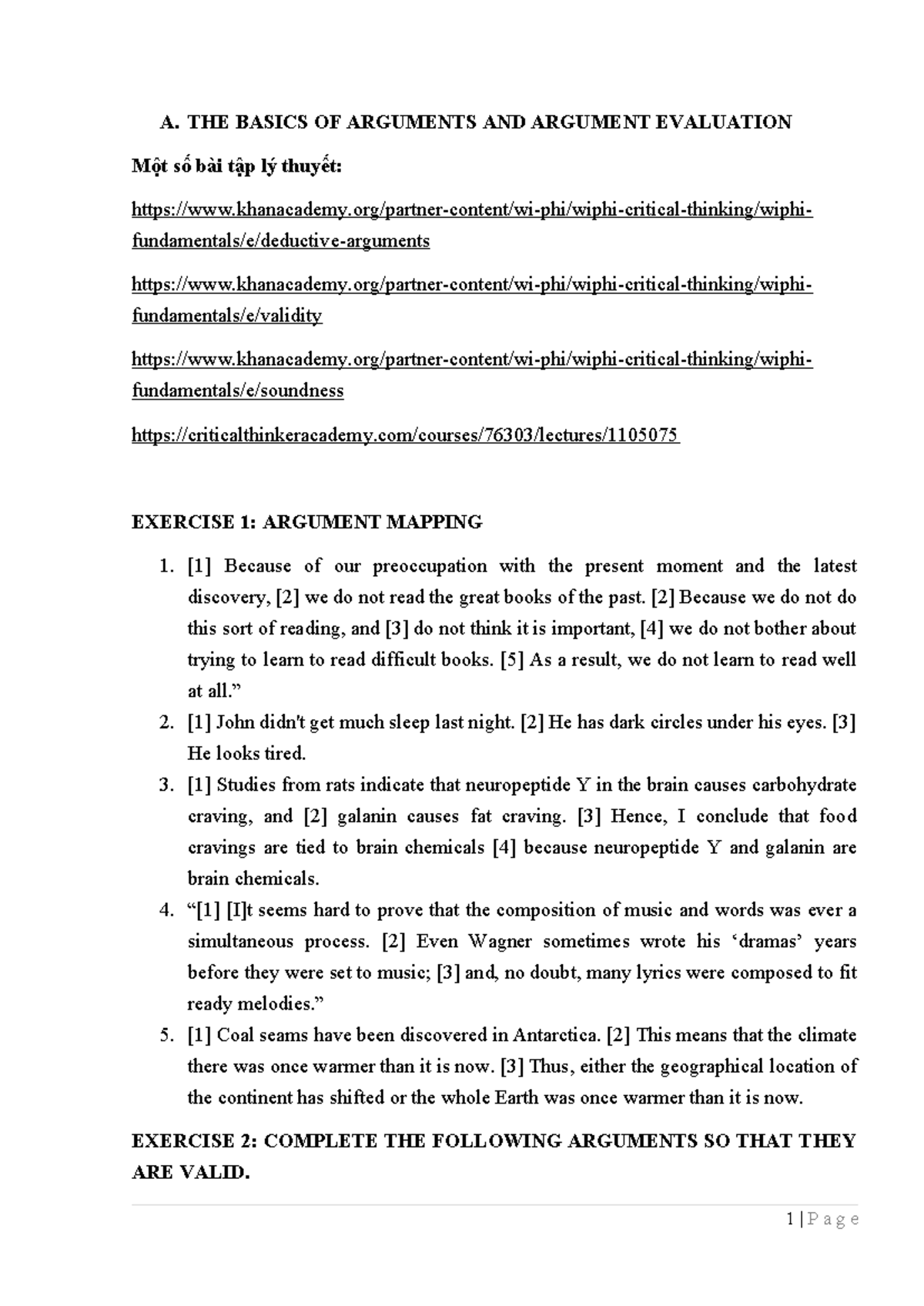 Critical Thinking Practice exercises - A. THE BASICS OF ARGUMENTS AND ARGUMENT EVALUATION Một số ...