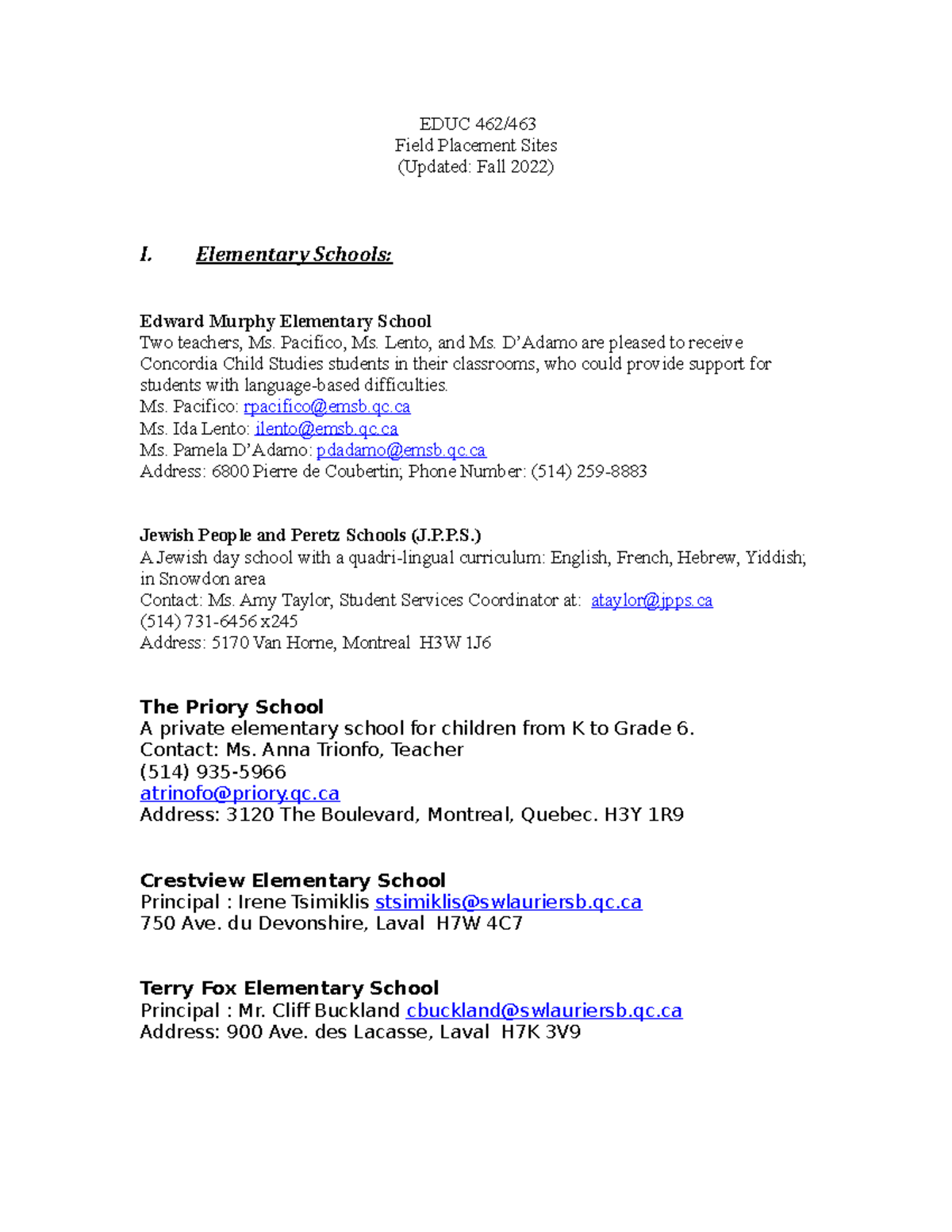 Field Placement Sites 2020-2021 (1) - EDUC 462/ Field Placement Sites ...