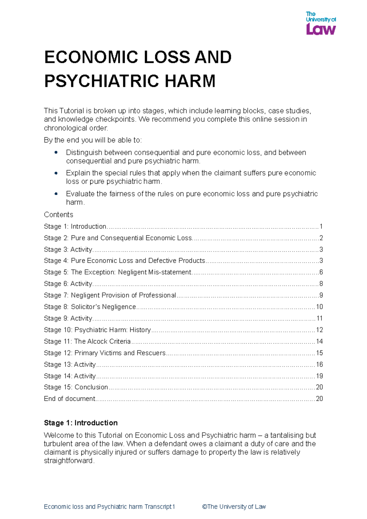 Economic loss and Psychiatric harm overview - ECONOMIC LOSS AND ...