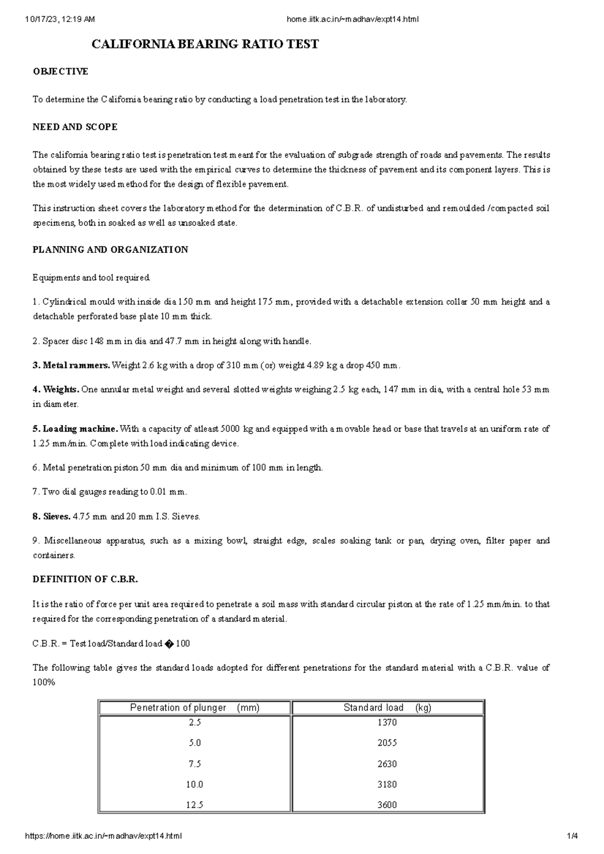CBR Testing procedure - CALIFORNIA BEARING RATIO TEST OBJECTIVE To ...