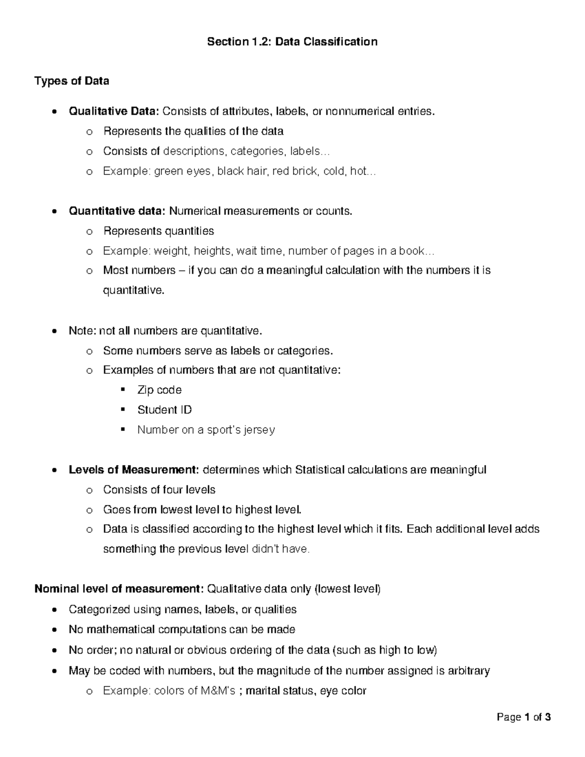 Section 1.2 Notes - Page 1 of 3 Section 1: Data Classification Types of ...