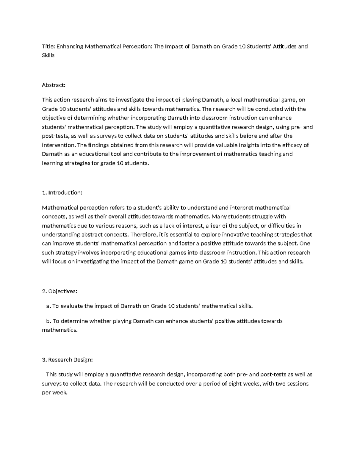 Action research math - proposal - Title: Enhancing Mathematical ...